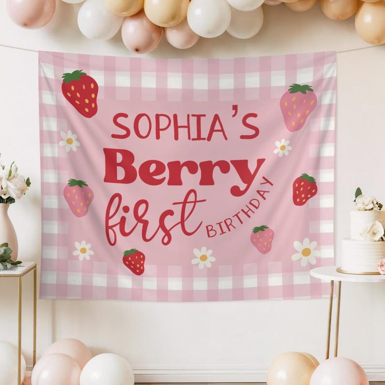 Berry First Birthday Backdrop: Strawberry Party Banner, Personalized - Etsy