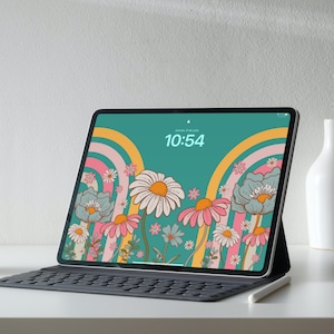 Groovy Flowers With Rainbow Background iPad Wallpaper - Retro Floral ...