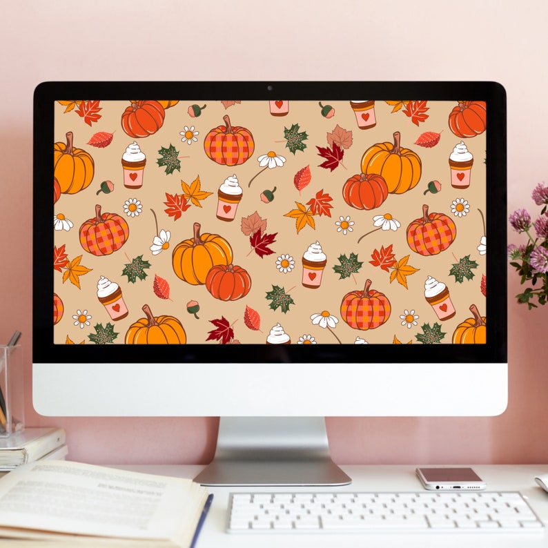 Halloween Pumpkin Desktop Wallpaper, Fall Leaves (instant Download) - Etsy