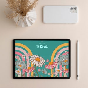 Groovy Flowers With Rainbow Background iPad Wallpaper - Retro Floral ...