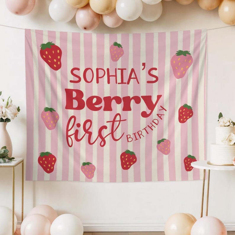 Berry First Birthday Backdrop: Strawberry Party Banner, Personalized - Etsy