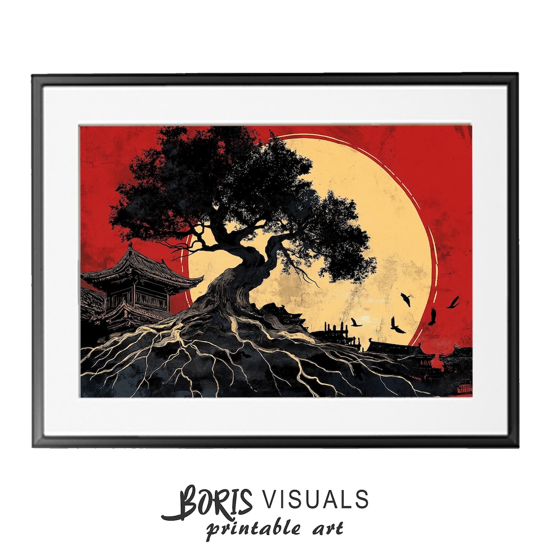 Japanese Sun Landscape Print: Asian Tree Art (digital Download) - Etsy