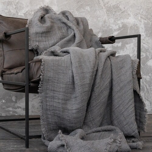 Linen Throw Blanket in Steel Grey. Waffle Weave Linen Throw - Etsy