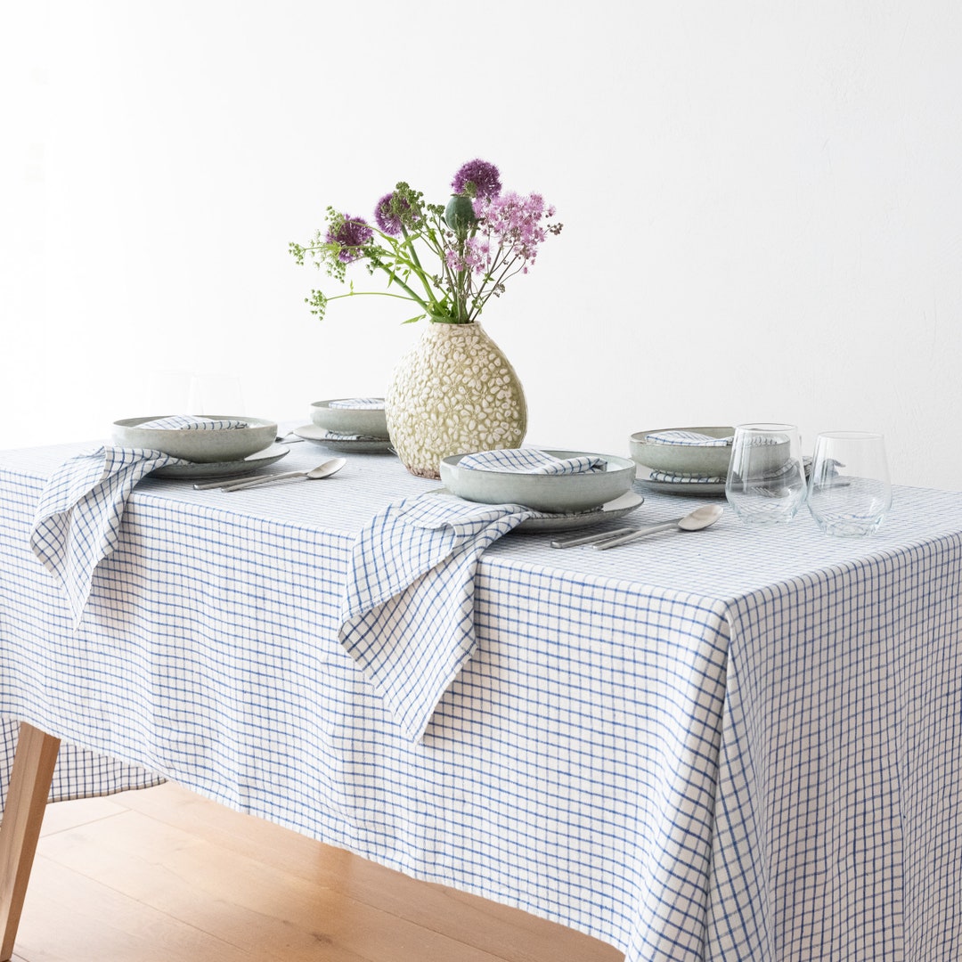 Hand Made Graphic Check Washed Linen Tablecloth in Blue White. Square ...