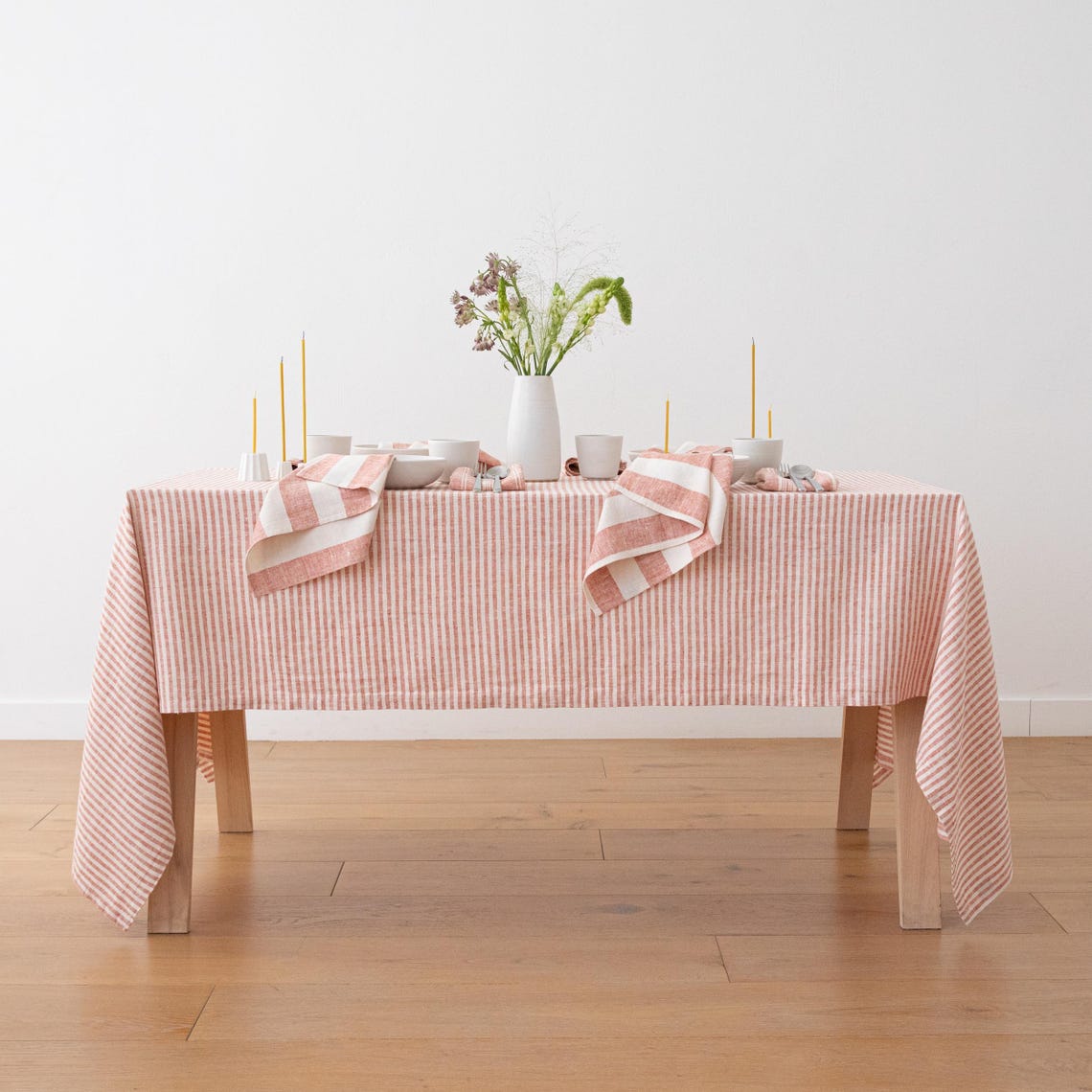 Striped Linen Tablecloth in Brick/white. Round, Square, Rectangular ...