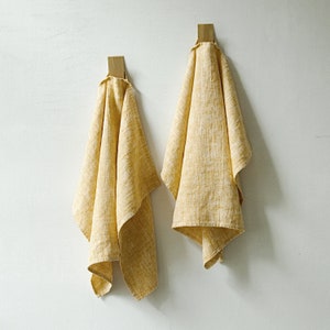 Set of 2 Linen Tea Towels in Striped Gold, Yellow / White. Washed Linen ...