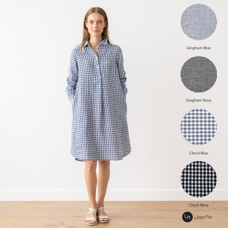 Linen Shirt Dress With Pockets in Checked Linen. Washed and Soft Linen ...
