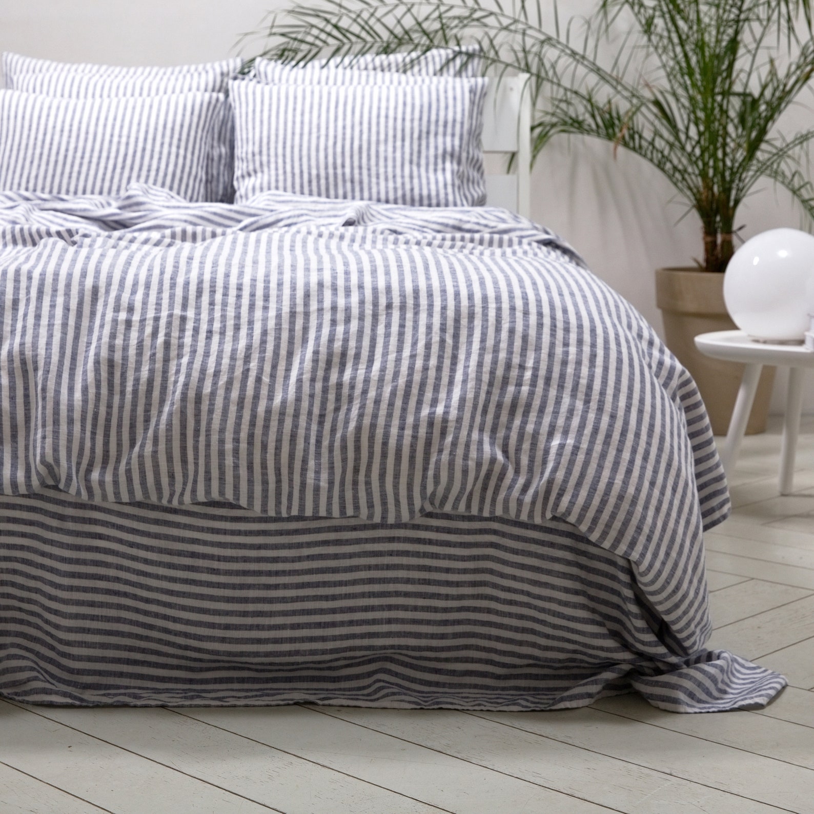 Ticking Stripe Linen Bedding Set In Natural Graphite Indigo Etsy