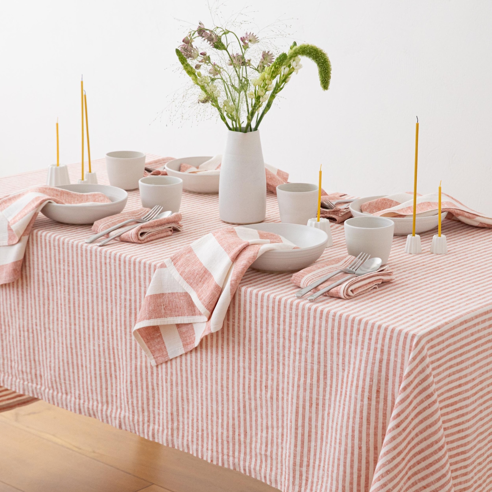 Striped Linen Tablecloth in Brick/white. Round, Square, Rectangular ...