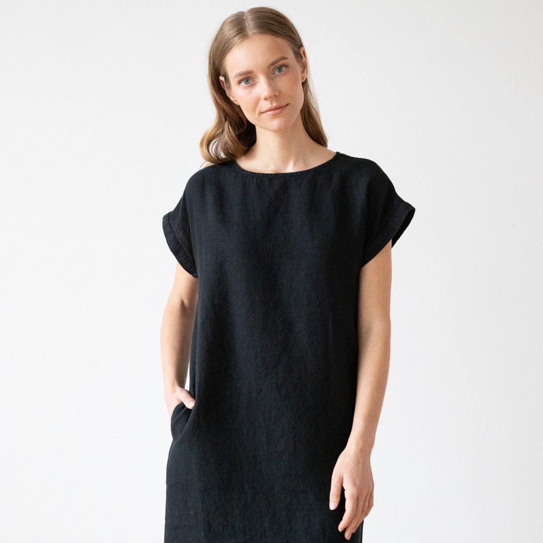 Linen Tunic Dress Short Sleeves With Pockets in Black. Loose-fitting ...