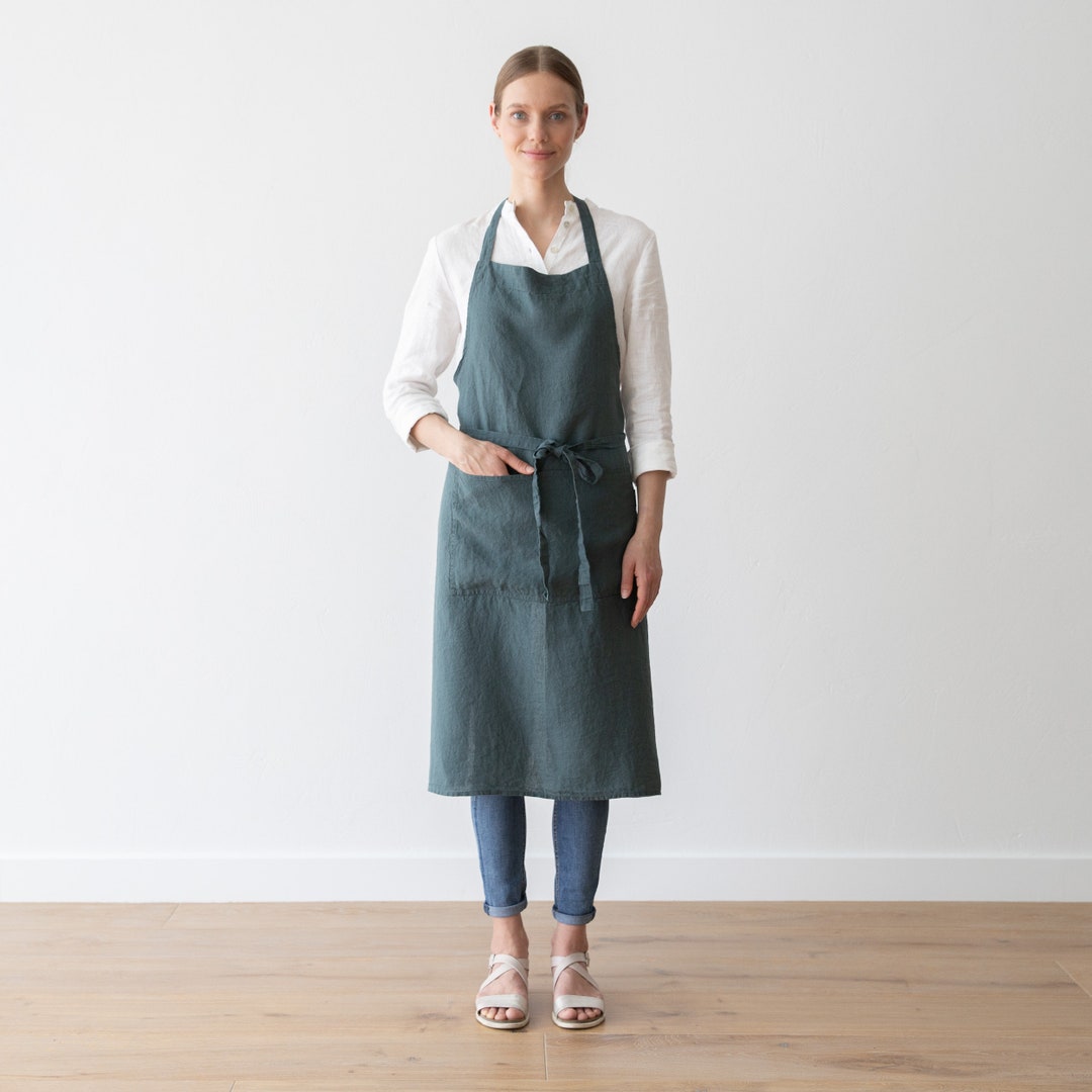 Linen Apron in Balsam Green, Dark Green. Linen Bib Apron. Washed Linen ...