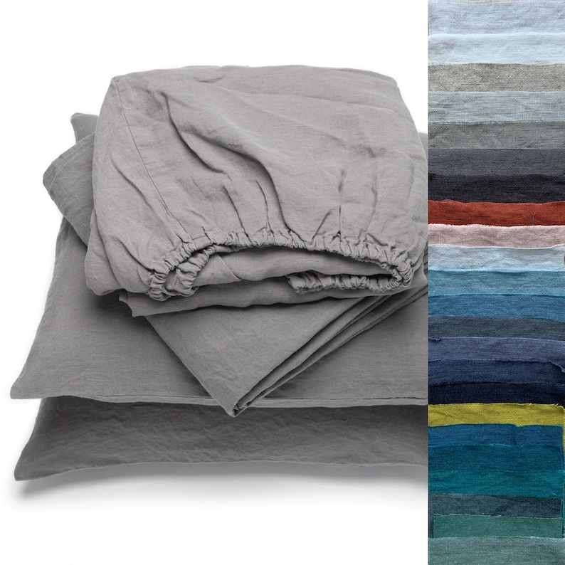 Washed Linen Sheet Set in 23 Colours. Fitted Sheet Flat - Etsy
