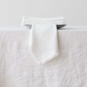 White Linen Tablecloth With Hand Made Fringes, Washed. Square ...