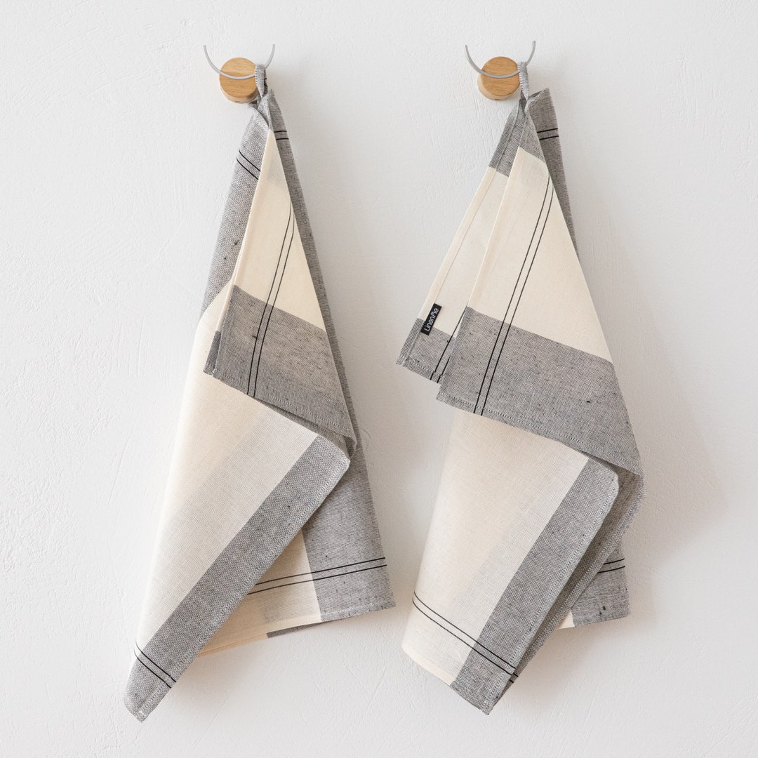 Set of 2 Linen Cotton Tea Towels - Ecru, Black, Grey Kitchen Towels ...