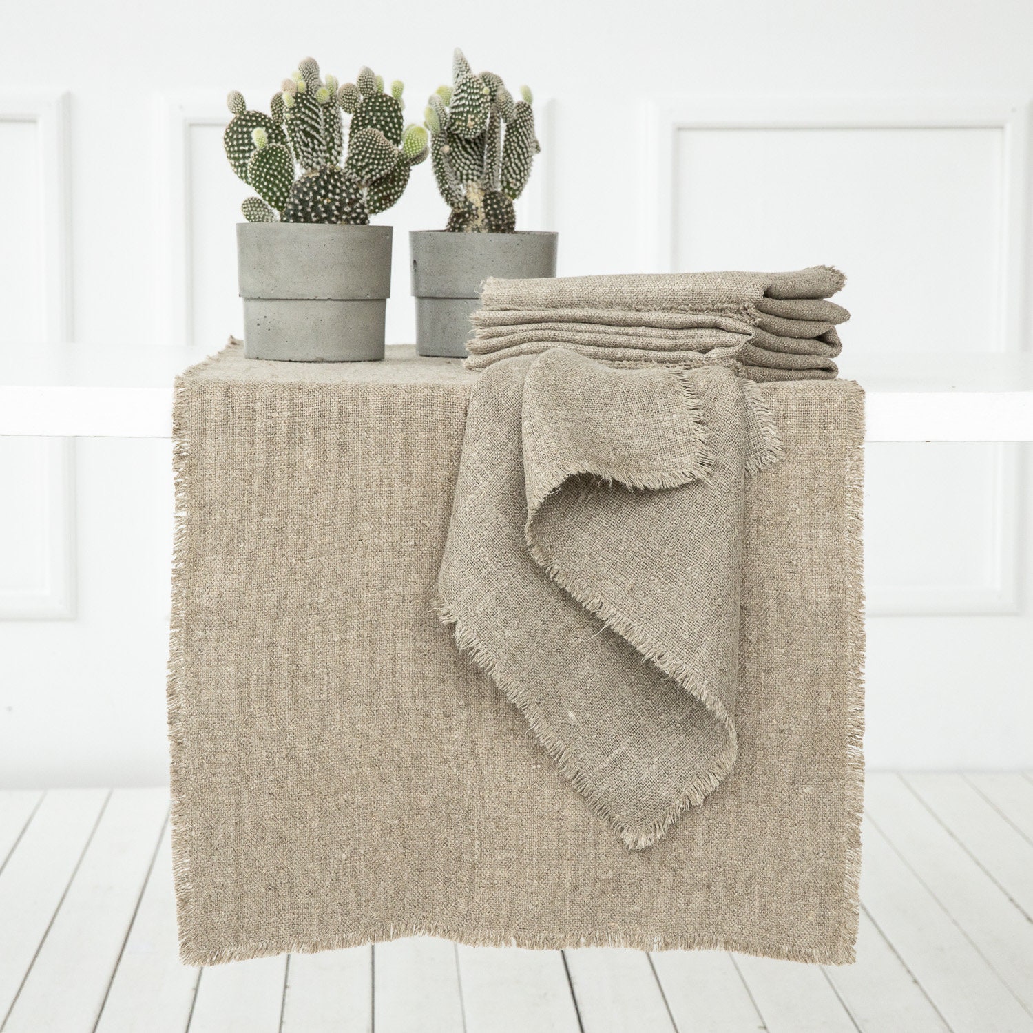 Rustic Linen Table Runner in Natural, Hand Made With Fringes, Washed ...
