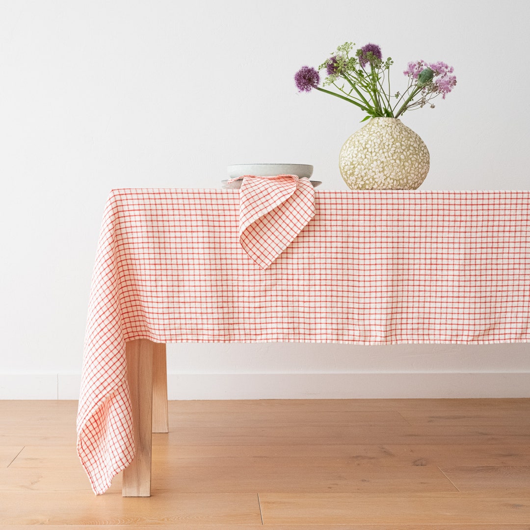 Hand Made Graphic Check Washed Linen Tablecloth in Red White. Square ...