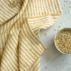 Set of 2 Linen Tea Towels in Striped Gold, Yellow / White. Washed Linen ...
