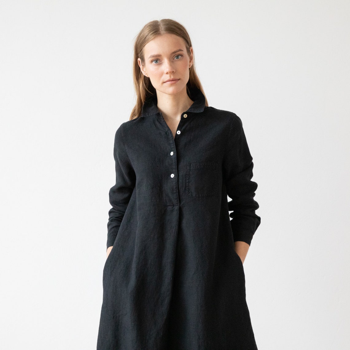 Washed Linen Shirt Dress in Black. Linen Clothing for Women in - Etsy
