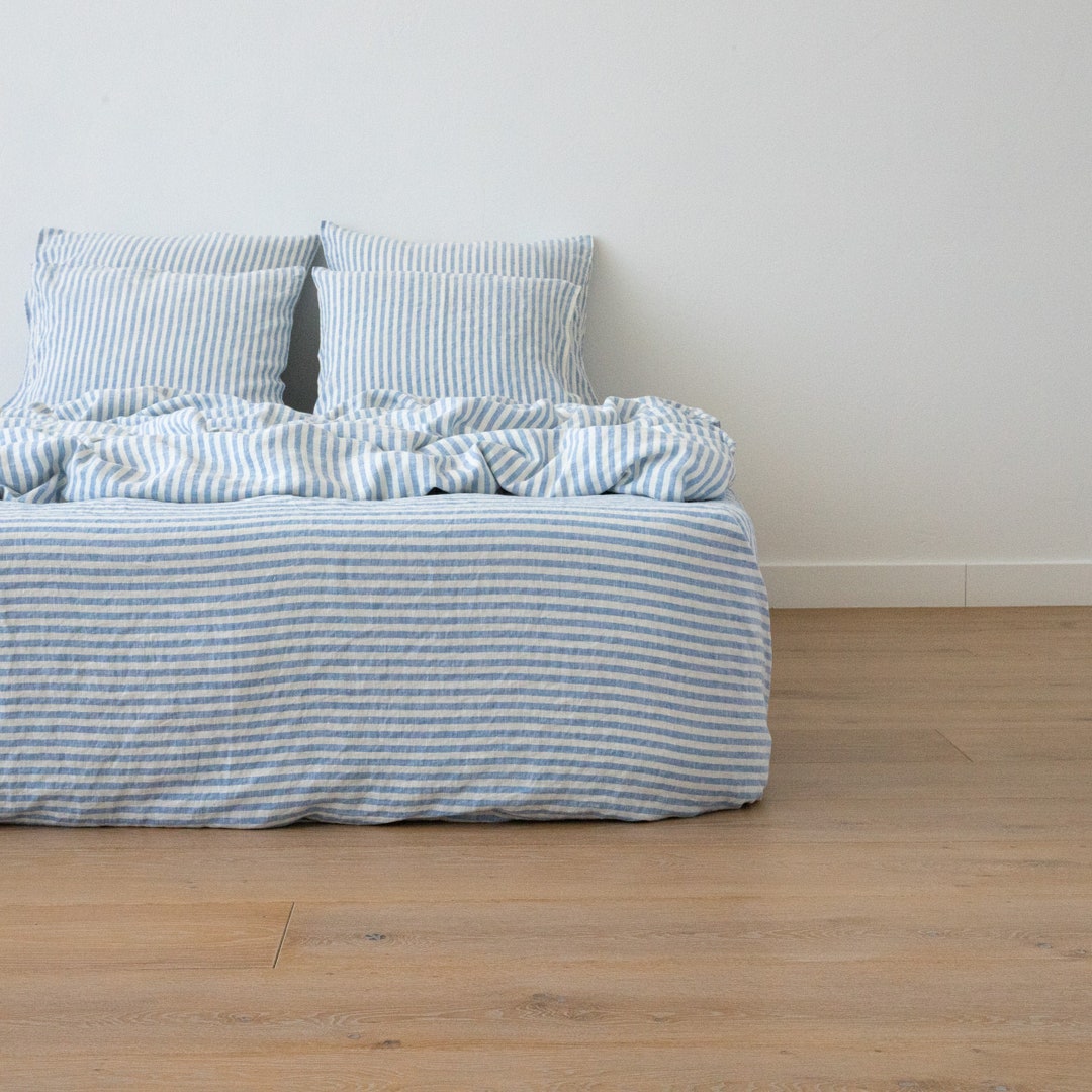 Ticking Stripe Fitted Sheet in Blue White. King, Queen, Custom Size ...