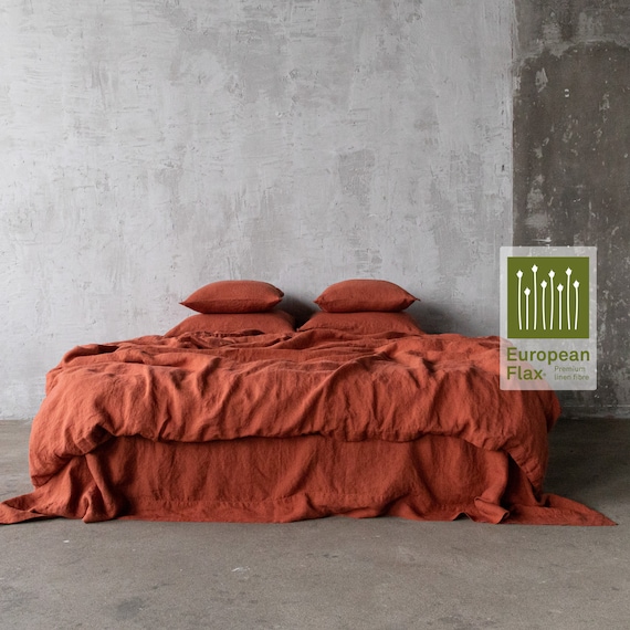 Washed Linen Bedding Set in Brick Terra Cotta. Plain Weave | Etsy