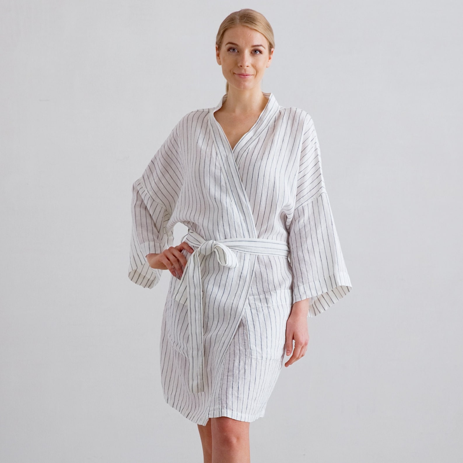 Peignoir de bain femme en lin à rayures blanc marine. Peignoir | Etsy