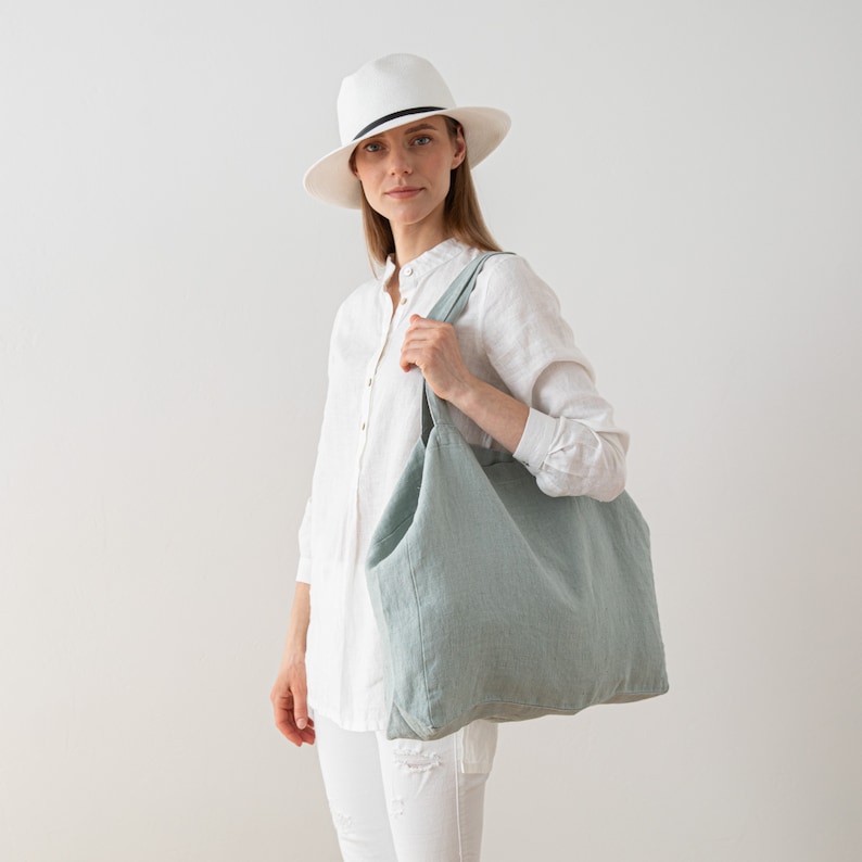Heavy Linen Bag in Sea Foam, Linen Market Bag in Light Green, Linen ...