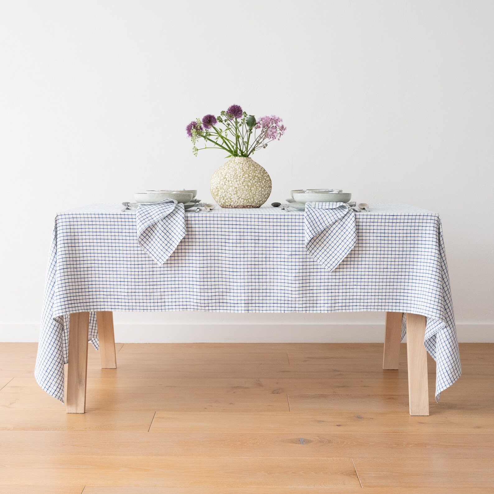 Hand Made Graphic Check Washed Linen Tablecloth in Blue White. Square ...