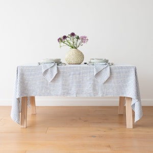 Hand Made Graphic Check Washed Linen Tablecloth in Blue White. Square ...