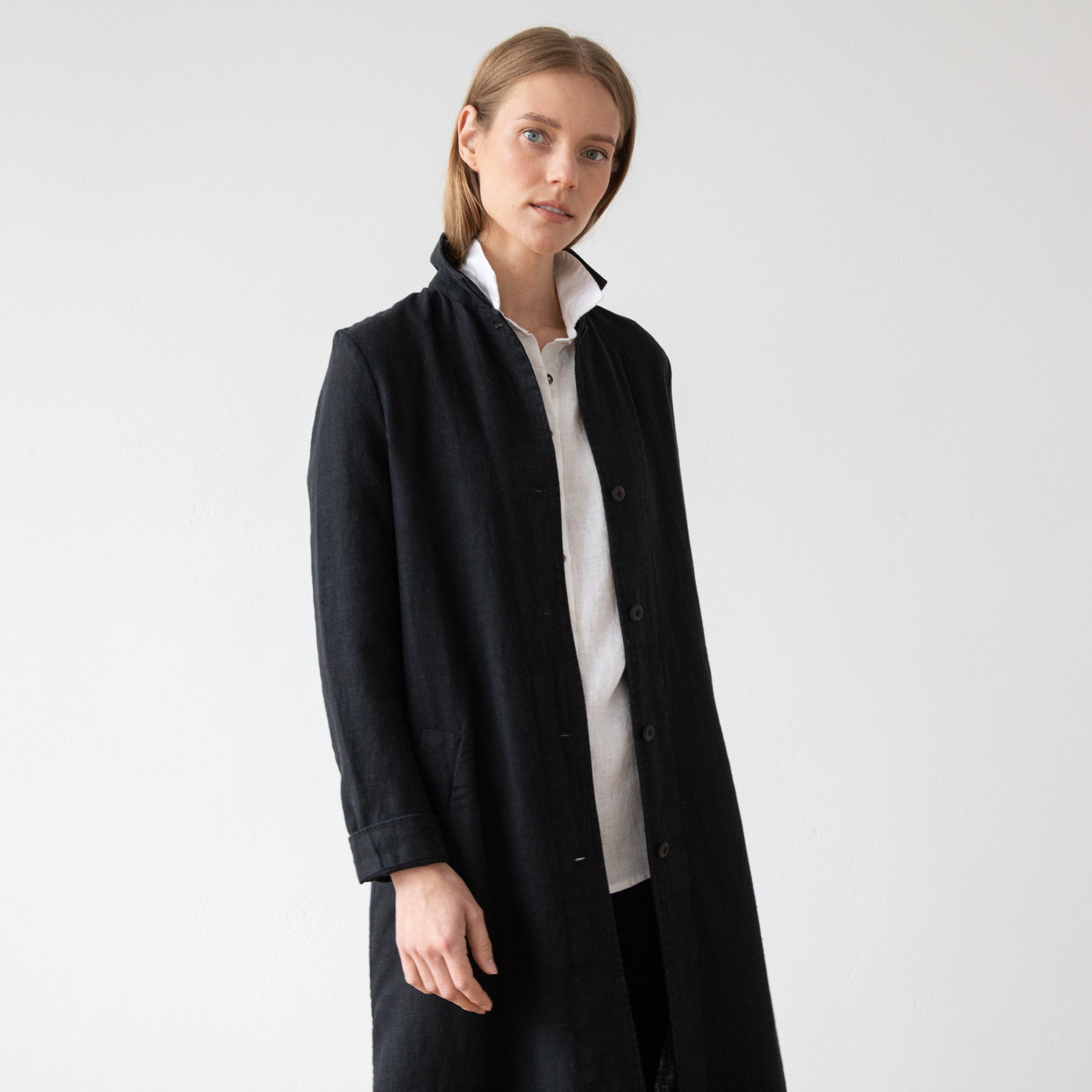 Linen Coat Fabio in Black Heavy Linen. Washed and Soft Linen Coat With ...