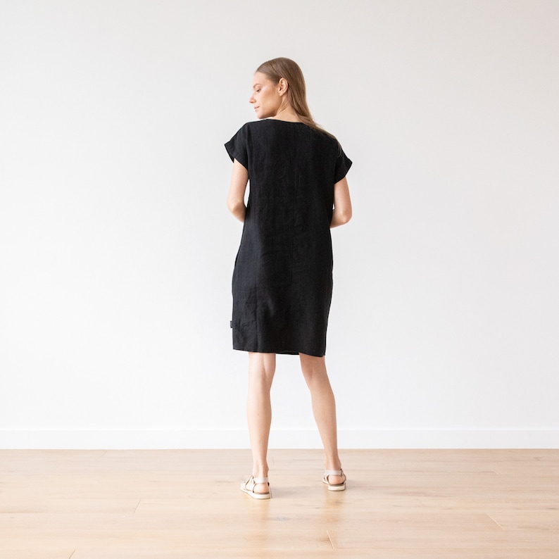 Linen Tunic Dress Short Sleeves With Pockets in Black. Loose-fitting ...