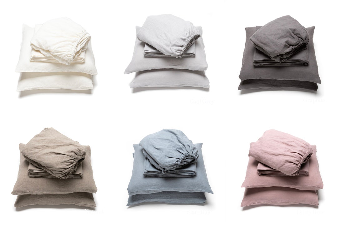 Washed Linen Sheet Set in 6 Colours. Fitted Sheet, Flat Sheet, 2 Pillow ...