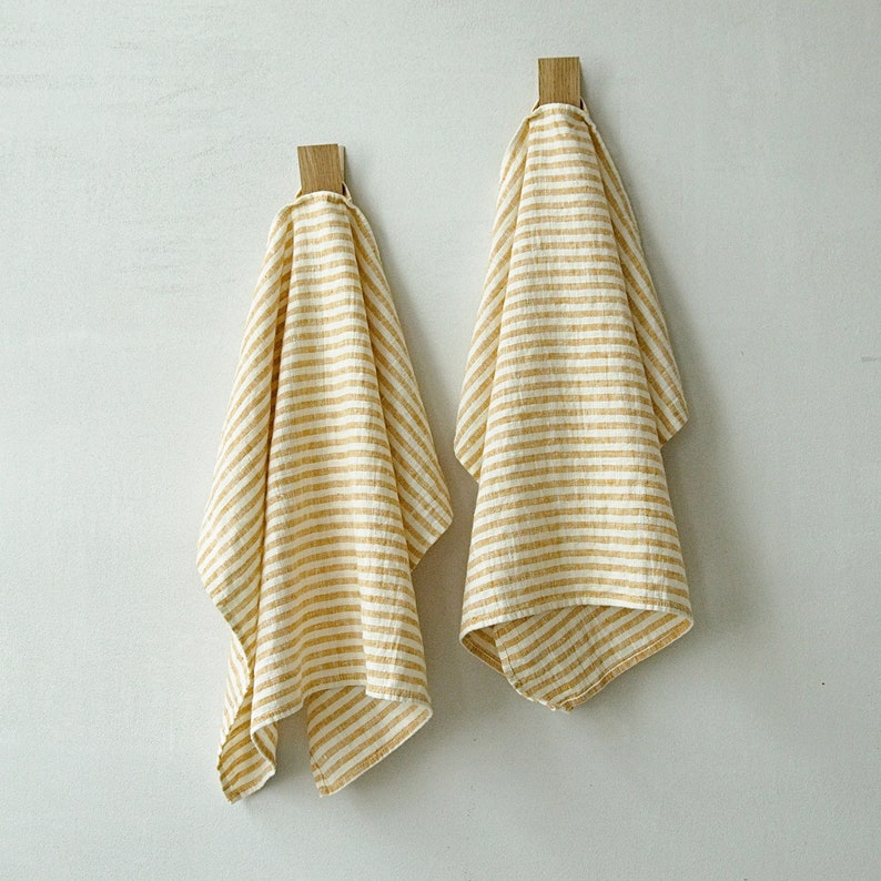 Set of 2 Linen Tea Towels in Striped Gold Yellow / White. - Etsy