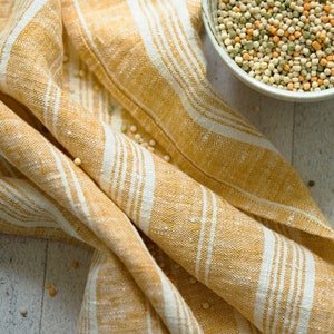 Set of 2 Linen Tea Towels in Striped Gold, Yellow / White. Washed Linen ...