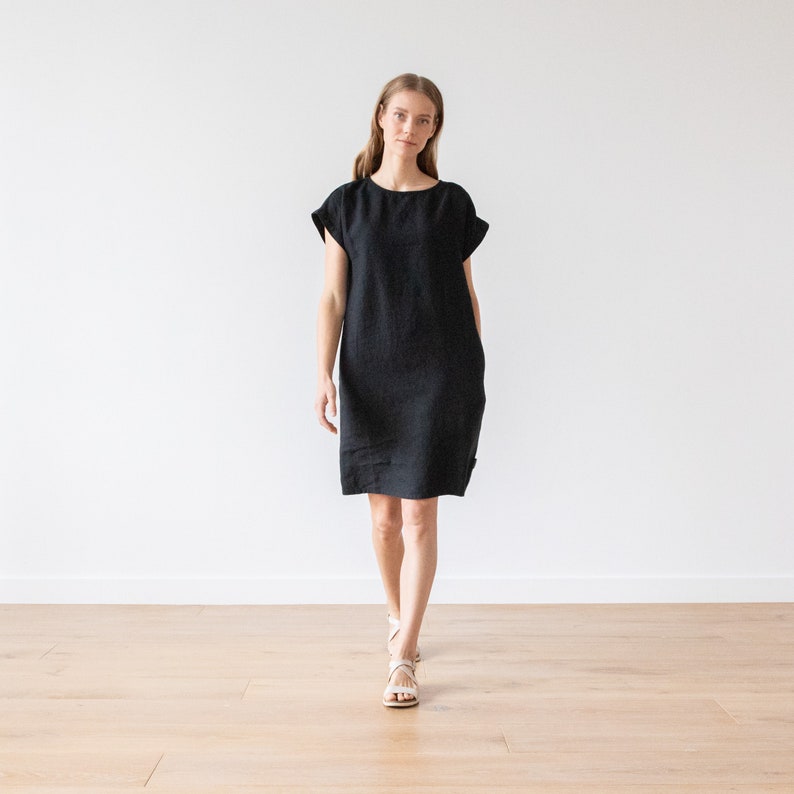 Linen Tunic Dress Short Sleeves With Pockets in Black. Loose-fitting ...