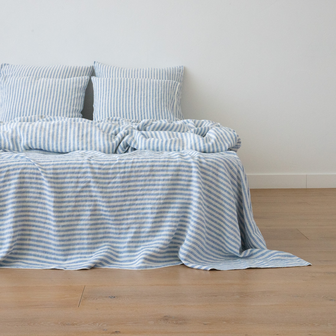 Ticking Striped Linen Flat Sheet in Blue and Other Color. Queen, Twin ...