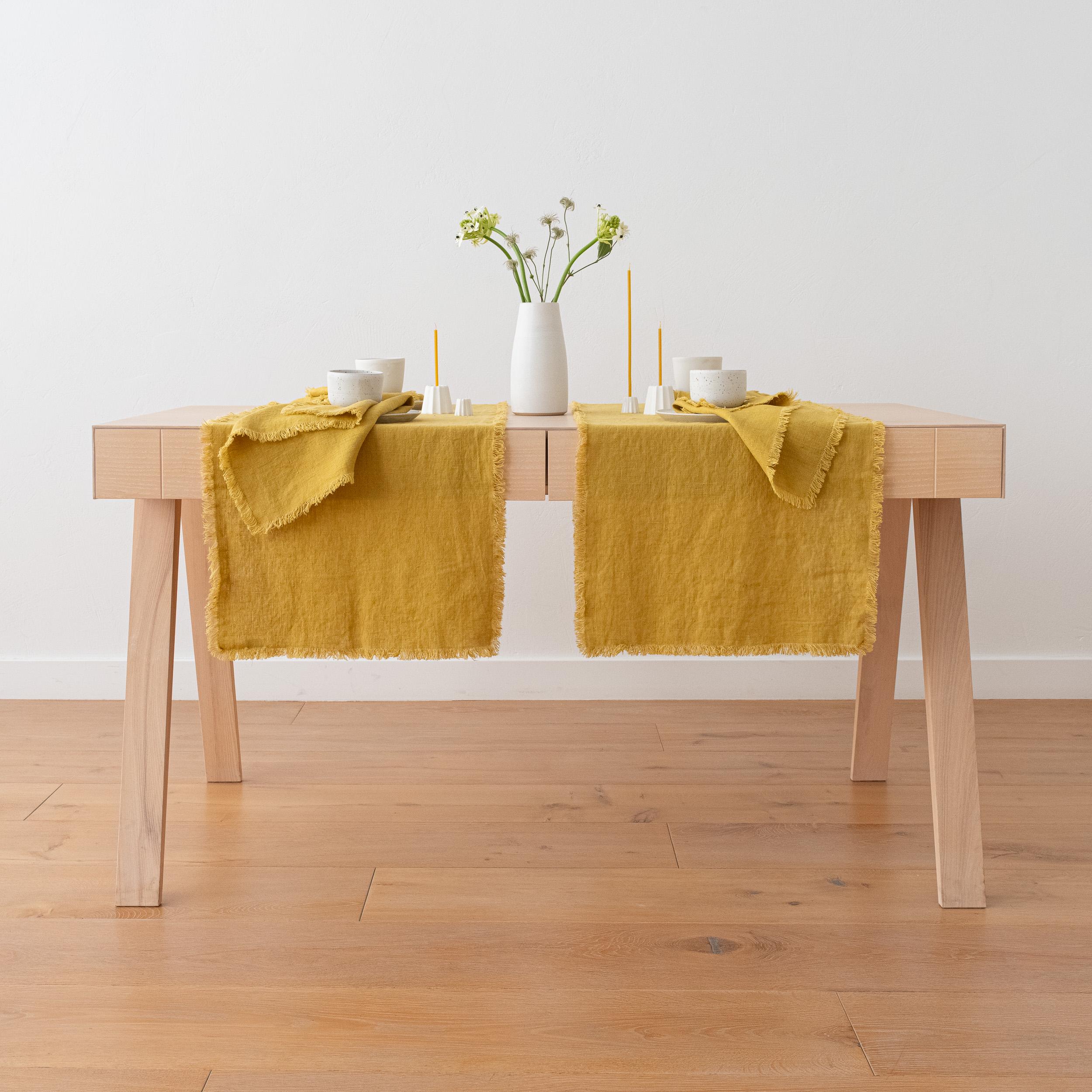 Rustic Heavy Linen Table Runner in Olive Green, Hand Made With Fringes ...