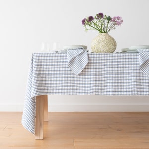 Hand Made Graphic Check Washed Linen Tablecloth in Blue White. Square ...