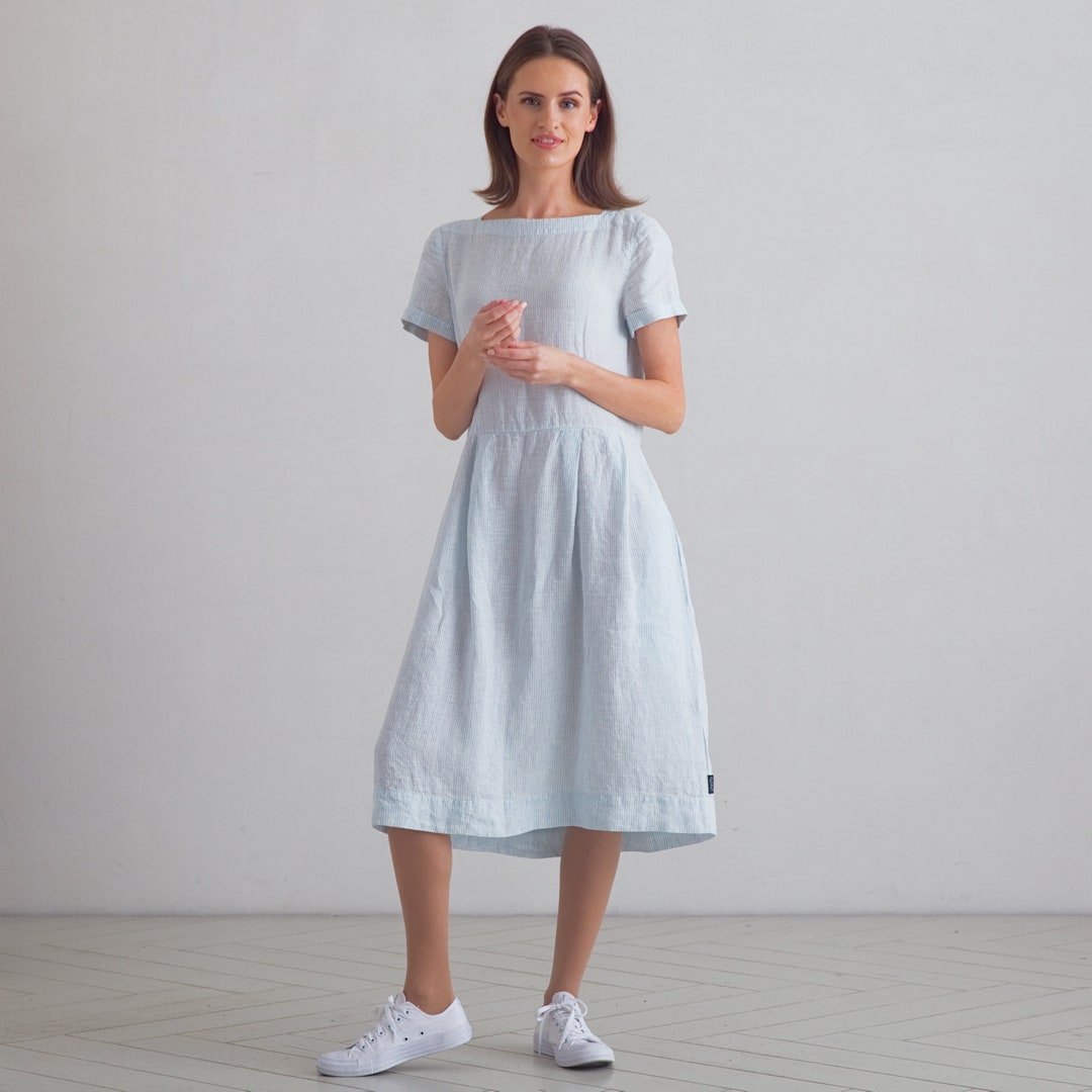 Loose Dress With Short Sleeves and Pockets in Striped Linen. Washed and ...