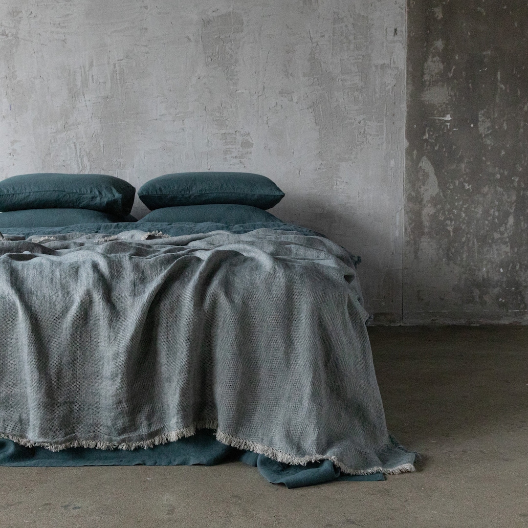 Washed Linen Throw Blanket in Balsam Green. Dark Green Linen Bedspread ...