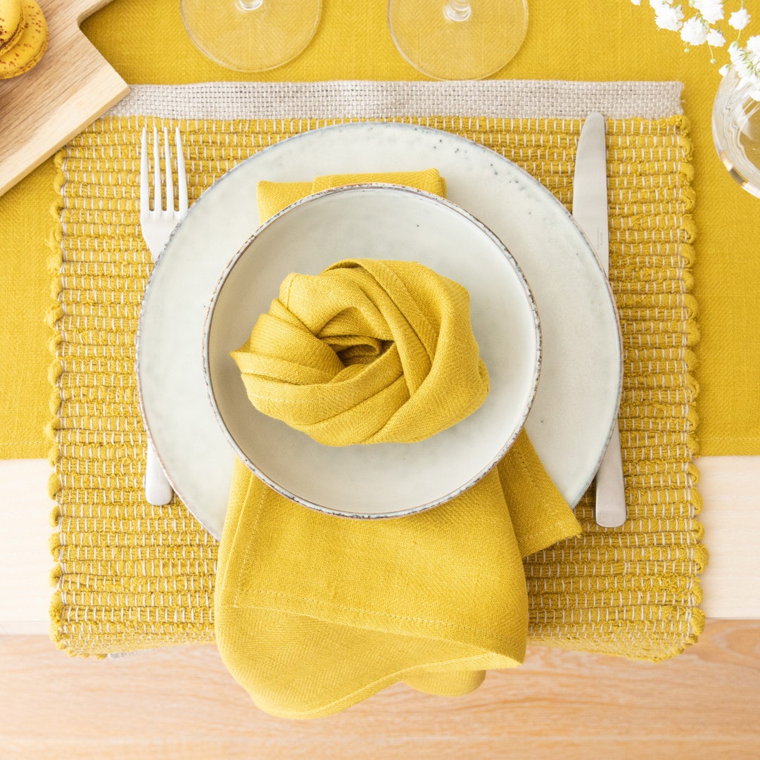 Washed Linen Napkins in Citrine, Yellow. Herringbone Weave, Washed ...