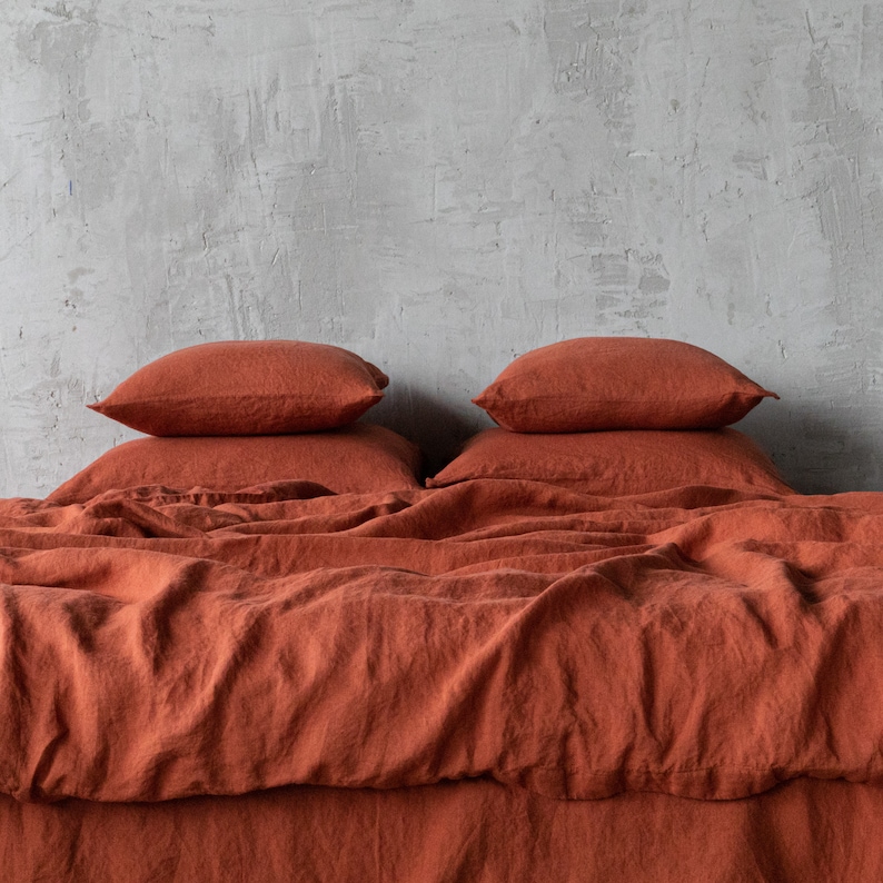 Washed Linen Bedding Set in Brick, Terra Cotta. Plain Weave Stone ...
