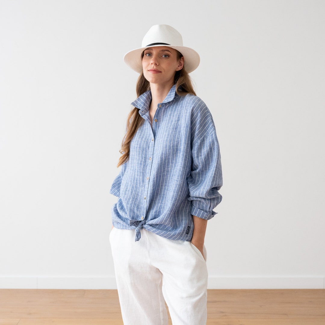 Long Sleeve Oversize Linen Stripe Shirt. Loose-fitting Shirt With ...