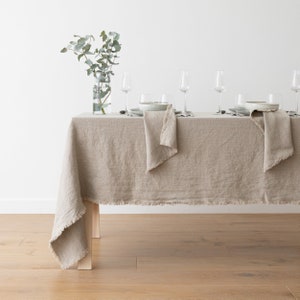White Linen Tablecloth With Hand Made Fringes, Washed. Square ...