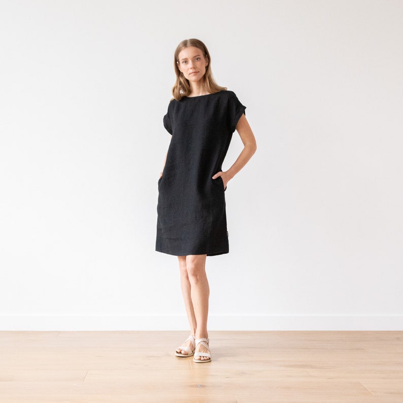 Linen Tunic Dress Short Sleeves With Pockets in Black. Loose-fitting ...
