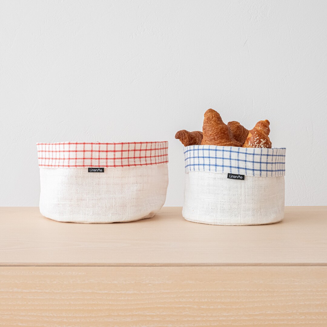 Gingham Linen Fabric Bread Basket, Organic Food Storage, Plant Pot ...