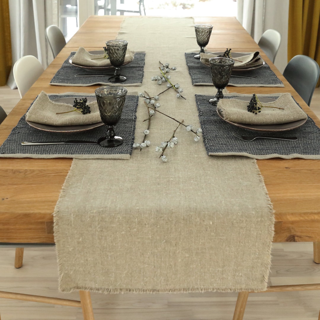 Rustic Linen Table Runner in Natural, Hand Made With Fringes, Washed ...