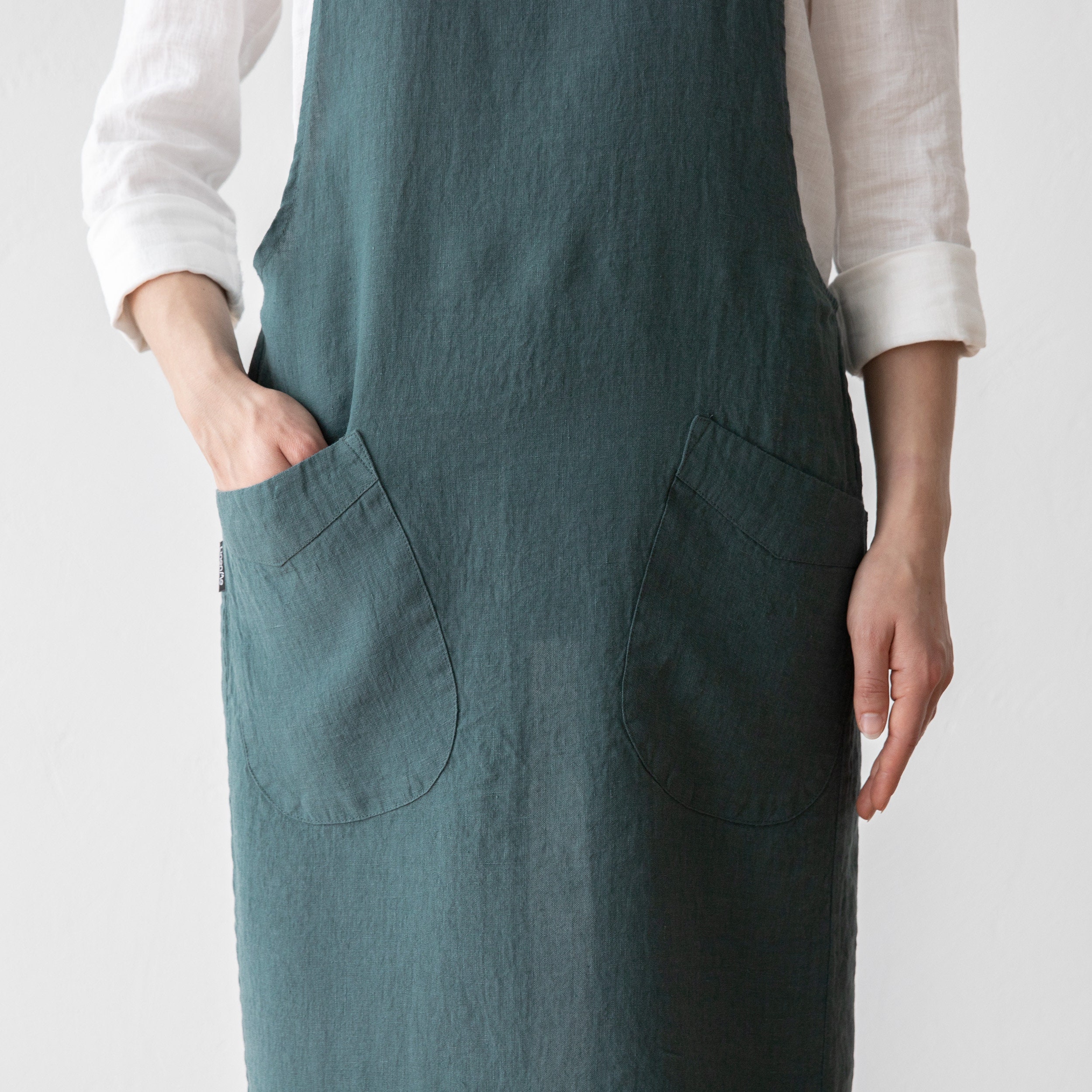 Japanese Cross Back Linen Apron in Balsam Green. No Ties Linen | Etsy