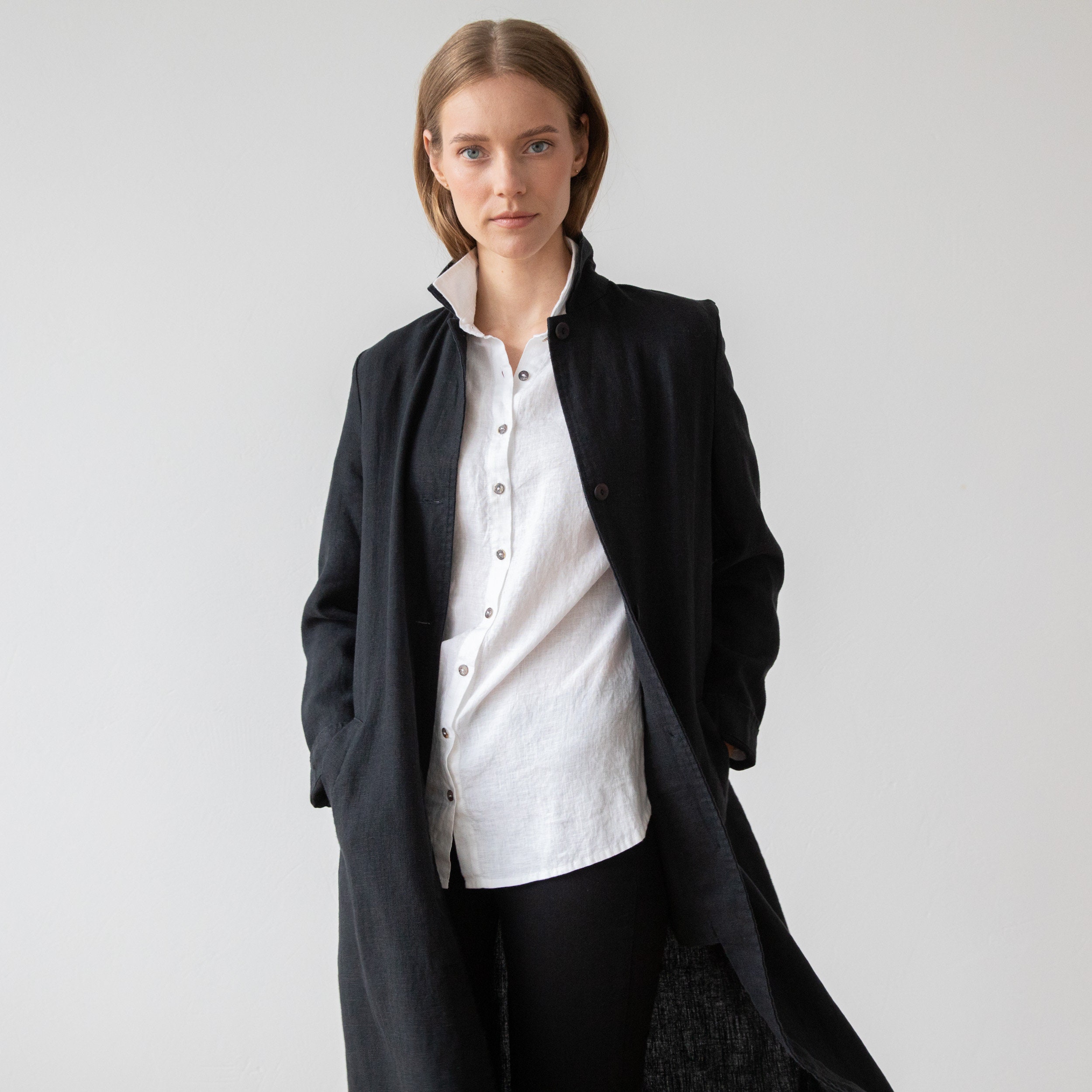 Linen Coat Fabio in Black Heavy Linen. Washed and Soft Linen Coat With ...