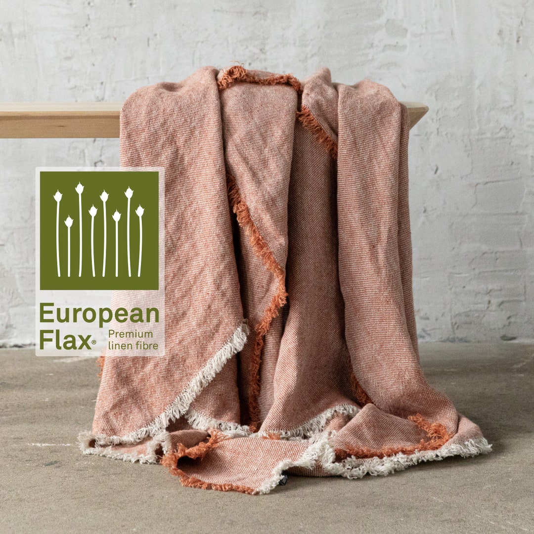 Linen Throw Blanket in Brick. Basket Weave Linen, Fringed, European ...
