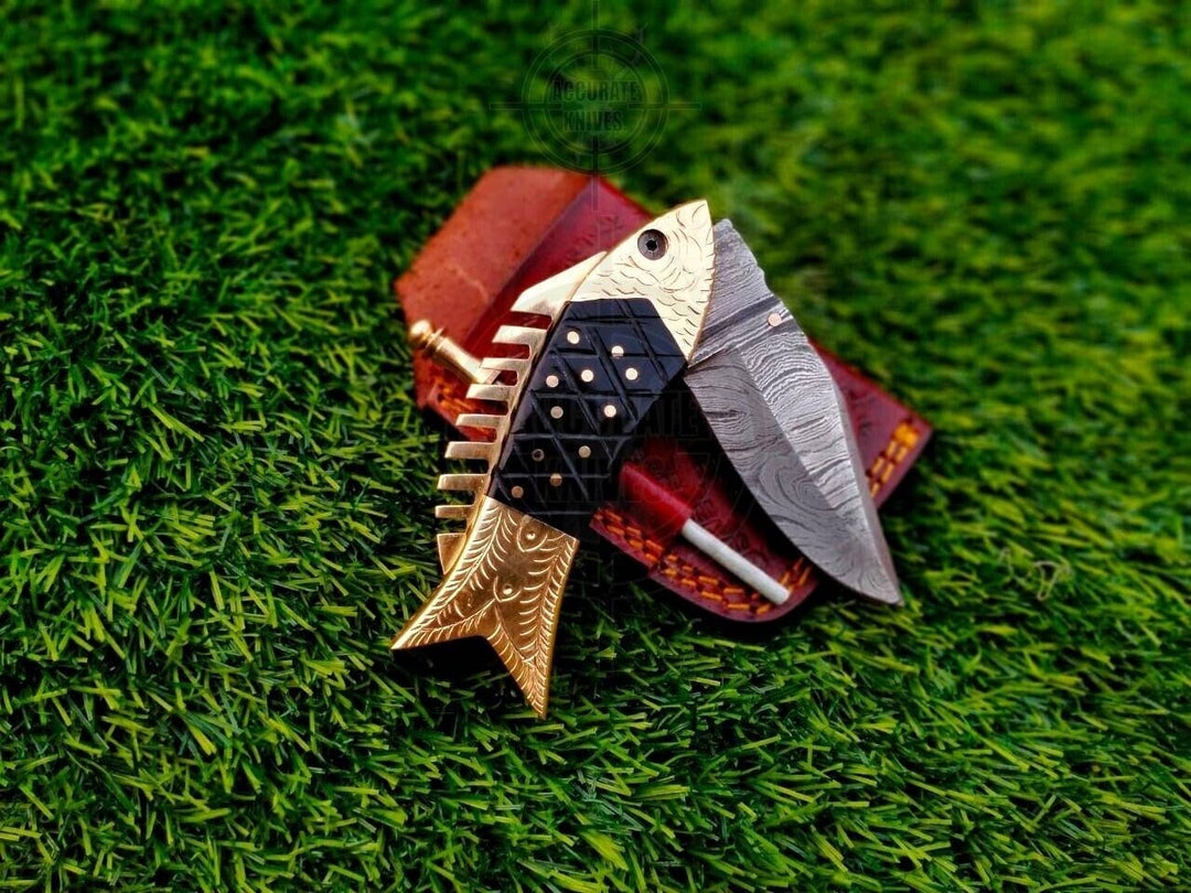 Fish Folding Knife Handmade Damascus Pocket Knife Golden Fish Black ...